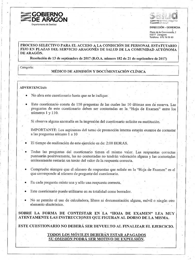 Cuadernillo Examen Medico Admision y Documentacion Clinica SALUD Aragón ...