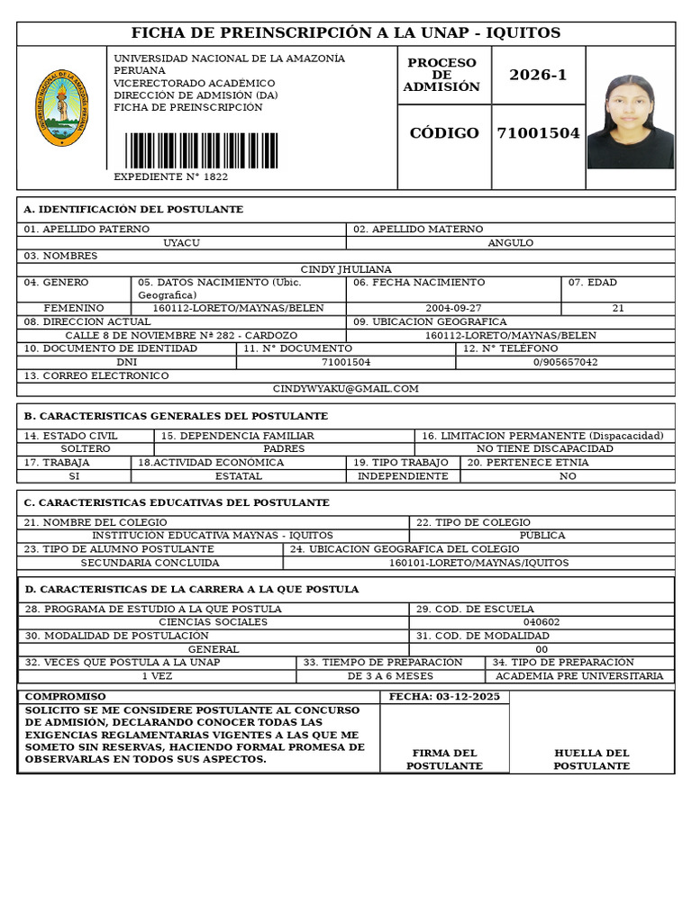 Preinscripción UNAP Iquitos 2026-1 | PDF