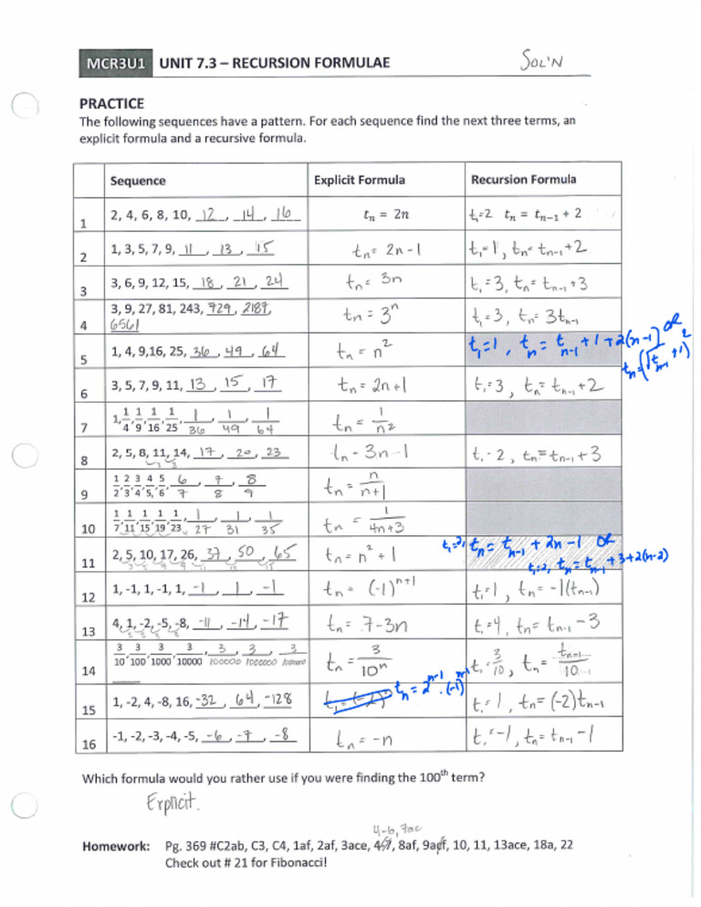 7.3 - Recursion Formulae Practice | PDF