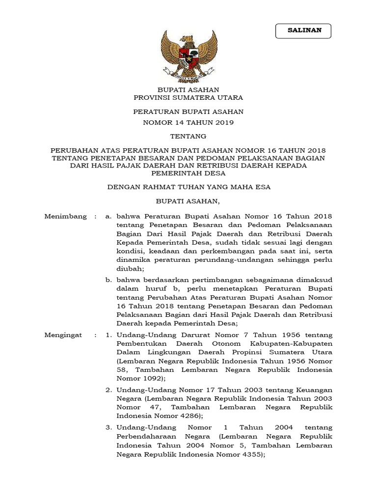 Perubahan Perbup Asahan 2019 tentang Pajak Desa | PDF