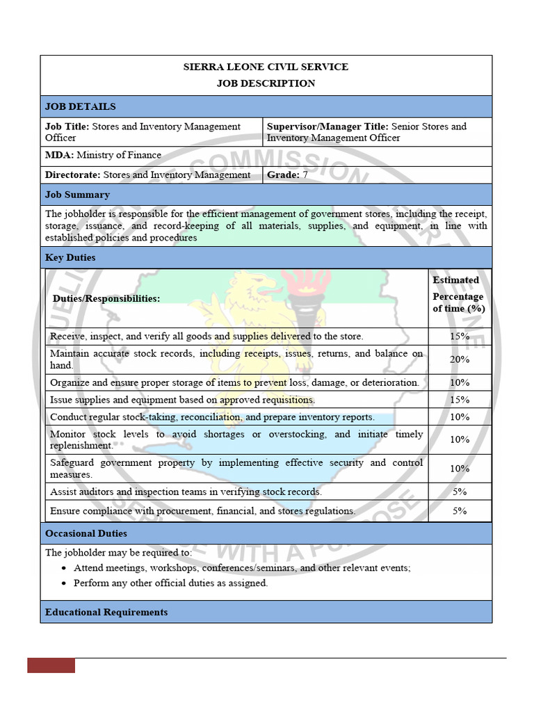 Stores and Inventory Management Officer Job | PDF | Inventory | Logistics