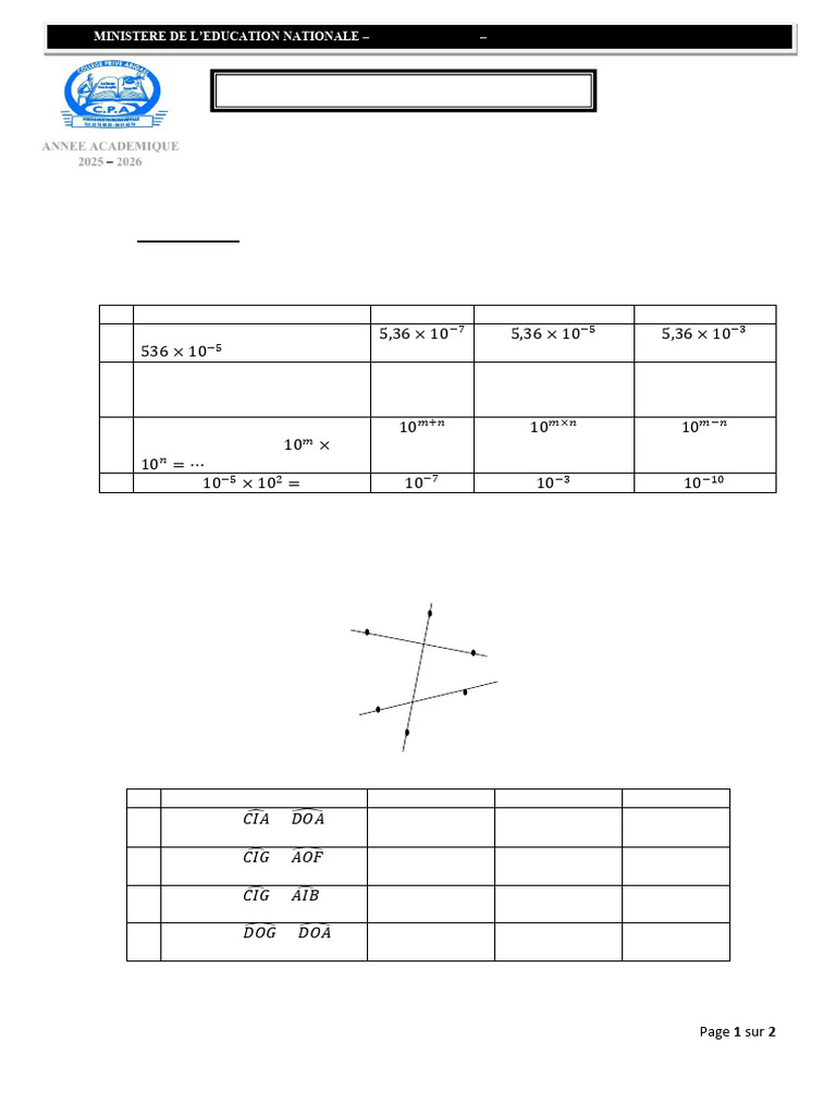 Devoir de Maths 4ème : Notation Scientifique et Angles | PDF ...