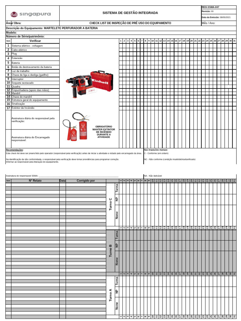 Reg-Ssma - 134 - Check List Mensal Martelete Perfurador A Bateria | PDF