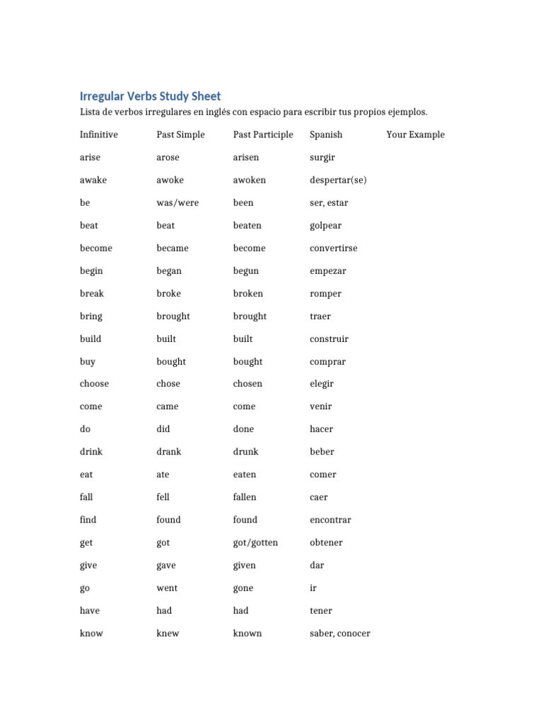 Irregular Verbs Study Sheet | PDF