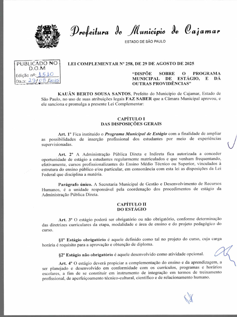 Lei Complementar 258 25 Programa Municipal de Estagio | PDF