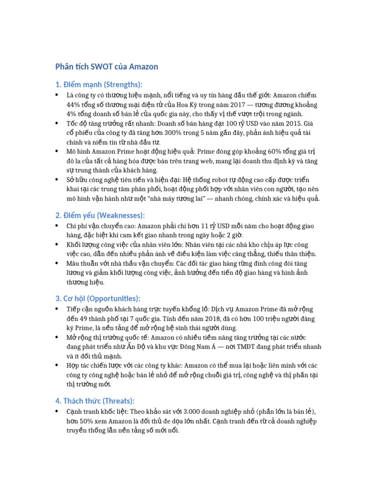 Phan Tich SWOT Amazon Full With Strategy | PDF