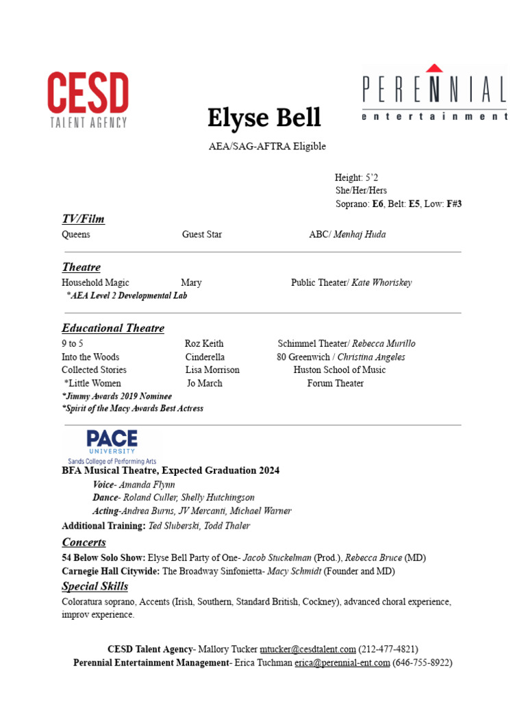 Elyse Bell: AEA/SAG-AFTRA Actor Resume | PDF