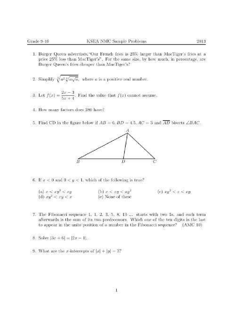 Math Test Sample 9th Grade | PDF