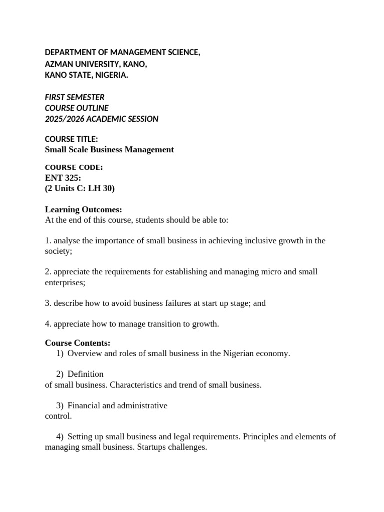 Small Scale Business Management Course | PDF | Small Business | Employment