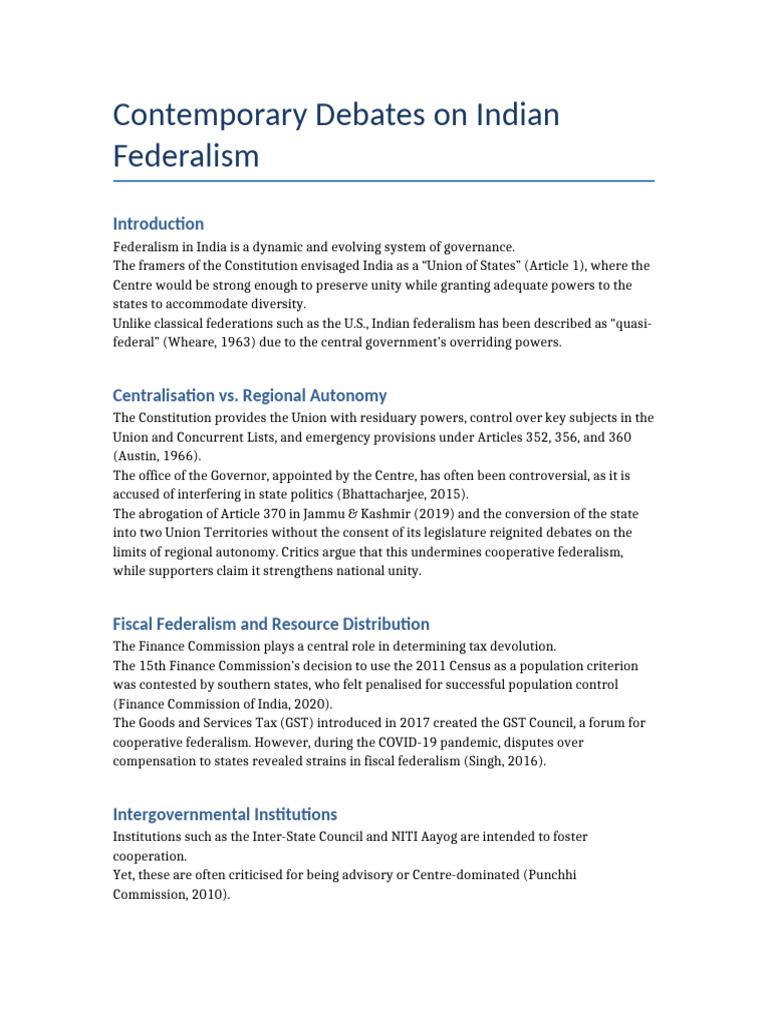 Contemporary Debates On Indian Federalism | PDF | Federalism ...
