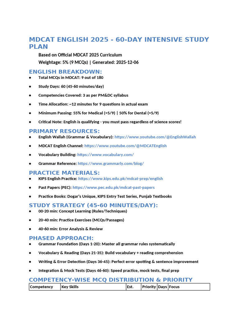 MDCAT 2025 English Study Plan | PDF | Reading Comprehension | Part Of ...