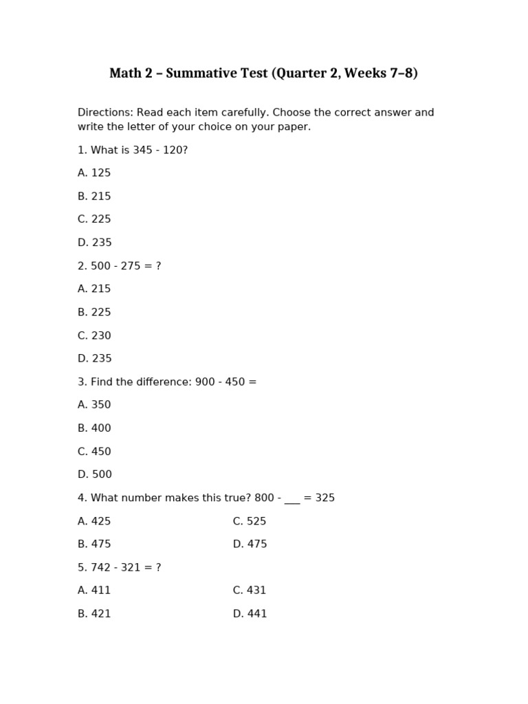 Math 2 Summative Test Q2 Weeks 7-8 | PDF