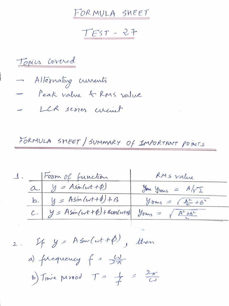 Test 27 - Formula Sheet | PDF