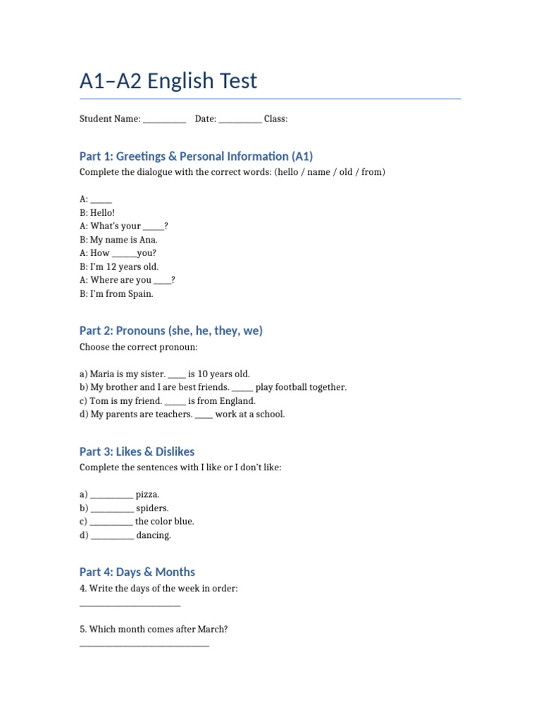 A1-A2 English Test for Beginners | PDF