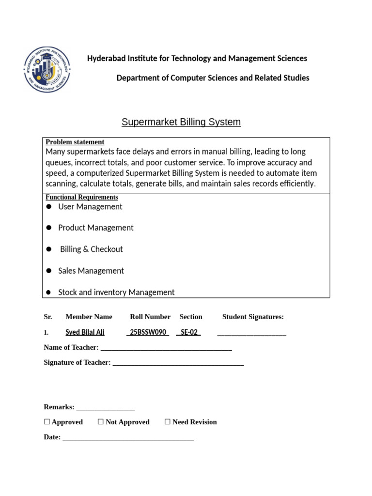 Supermarket Billing System Proposal | PDF