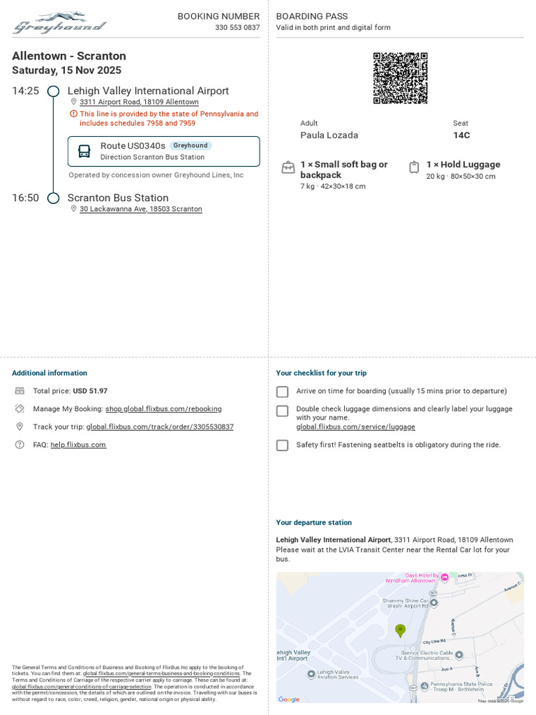 Boarding Pass Allentown Pa Scranton Pa 3305530837 | PDF | Scranton | Bus