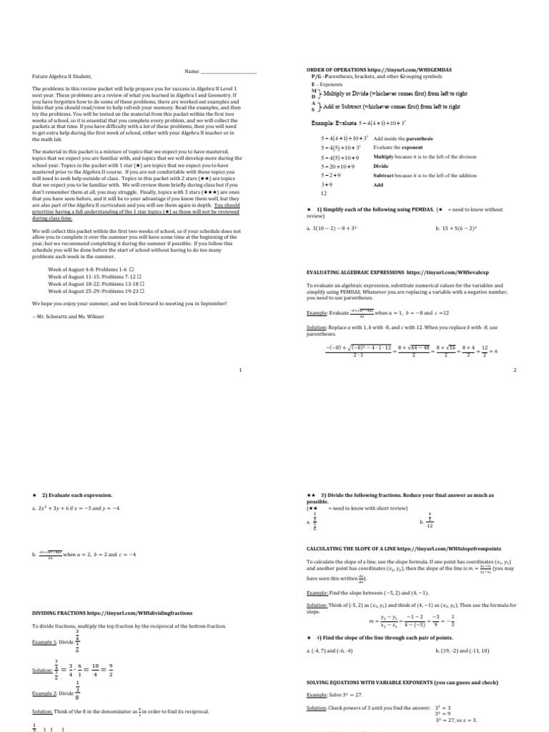 Algebra II Level 1 Summer Packet 2025 | PDF | Arithmetic | Discrete ...
