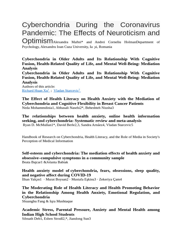 Cyberchondria and Health Anxiety During COVID | PDF | Anxiety | Psychology