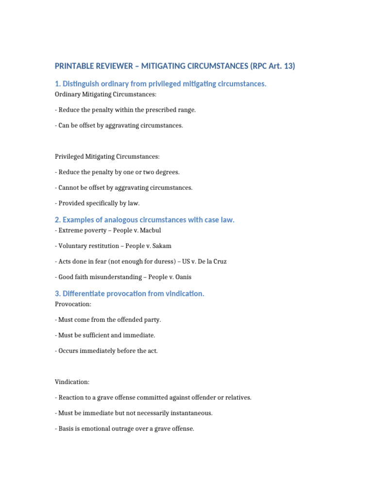 Printable Mitigating Circumstances Reviewer | PDF