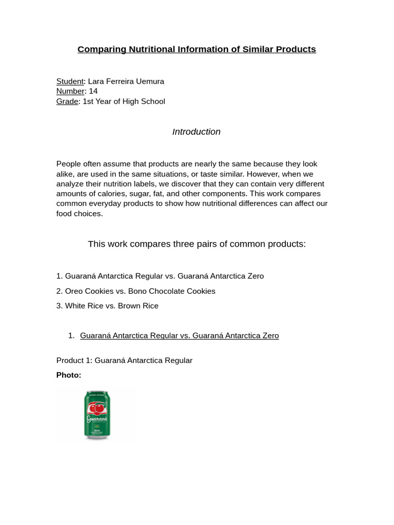 Comparing Nutritional Information of Similar Products 3 | PDF ...