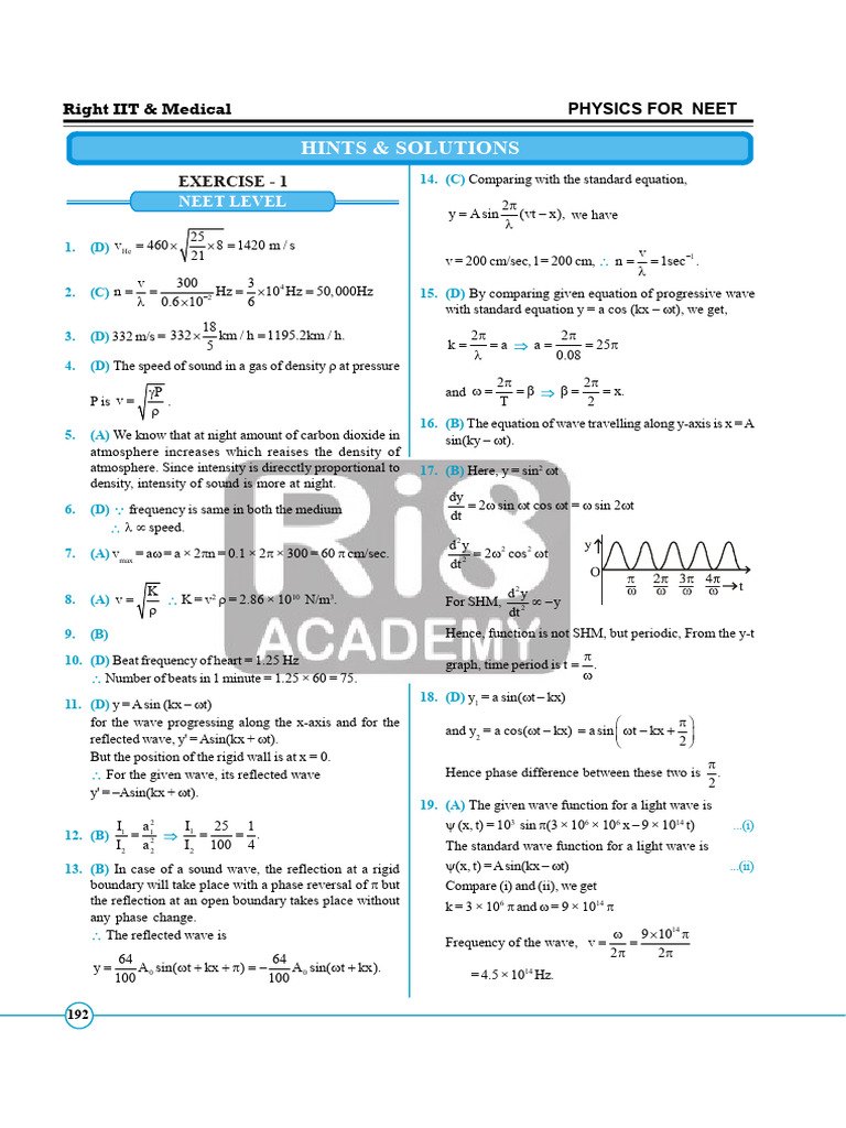 NEET Physics Waves Exercise Solutions | PDF | Sound | Waves