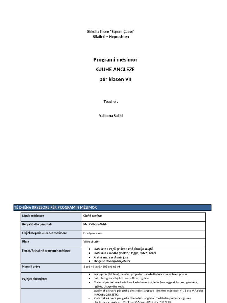 Programi Mesimor-Anglisht-7 | PDF