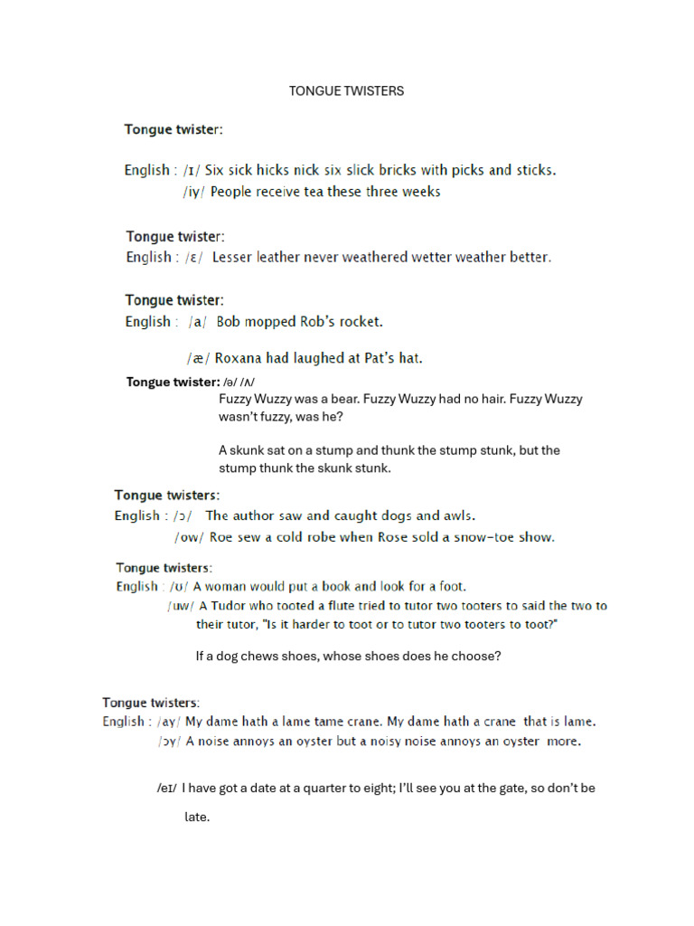 Fun Tongue Twisters for Speech Practice | PDF