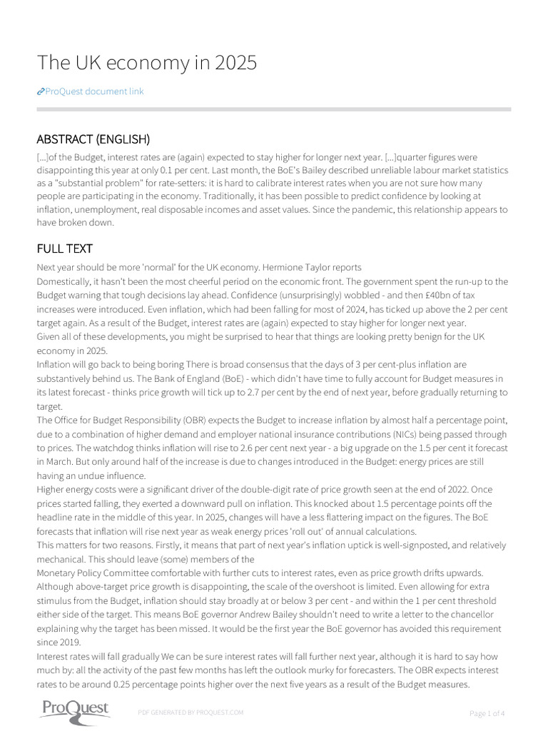 The UK Economy in 2025 FT | PDF | Inflation | Unemployment