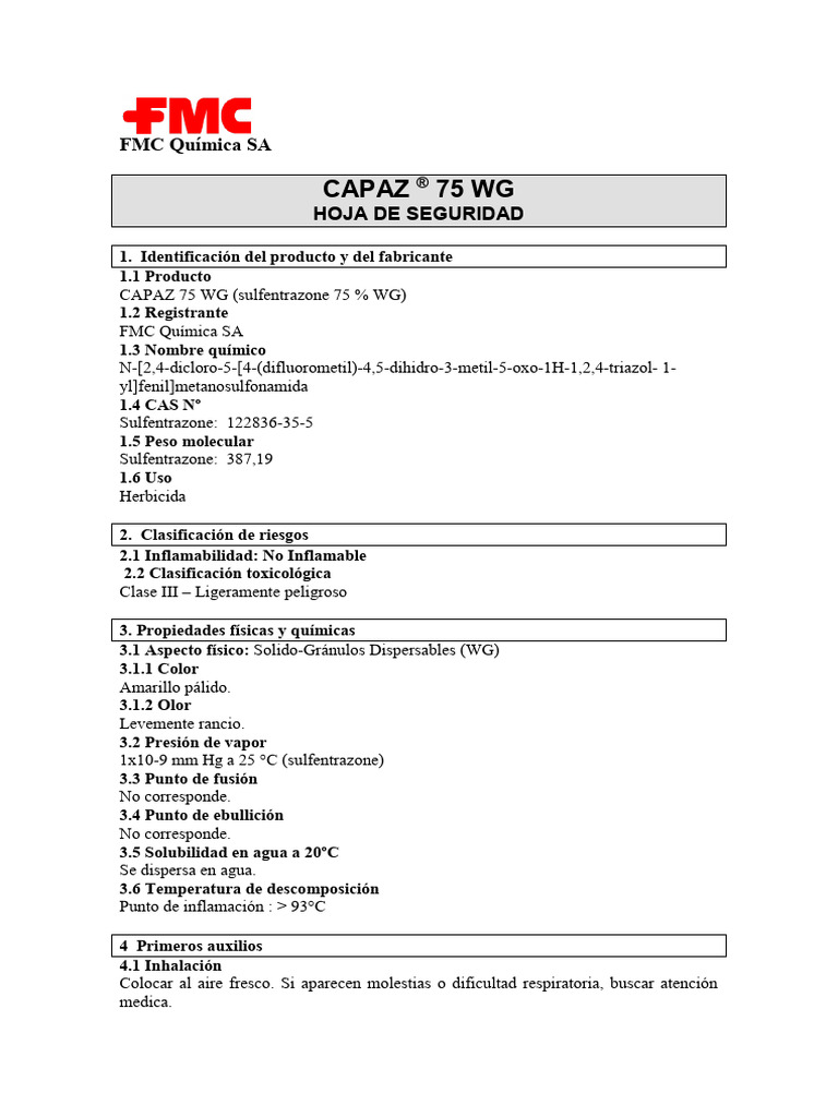 Capaz 75 WG MSDS | PDF | Agua