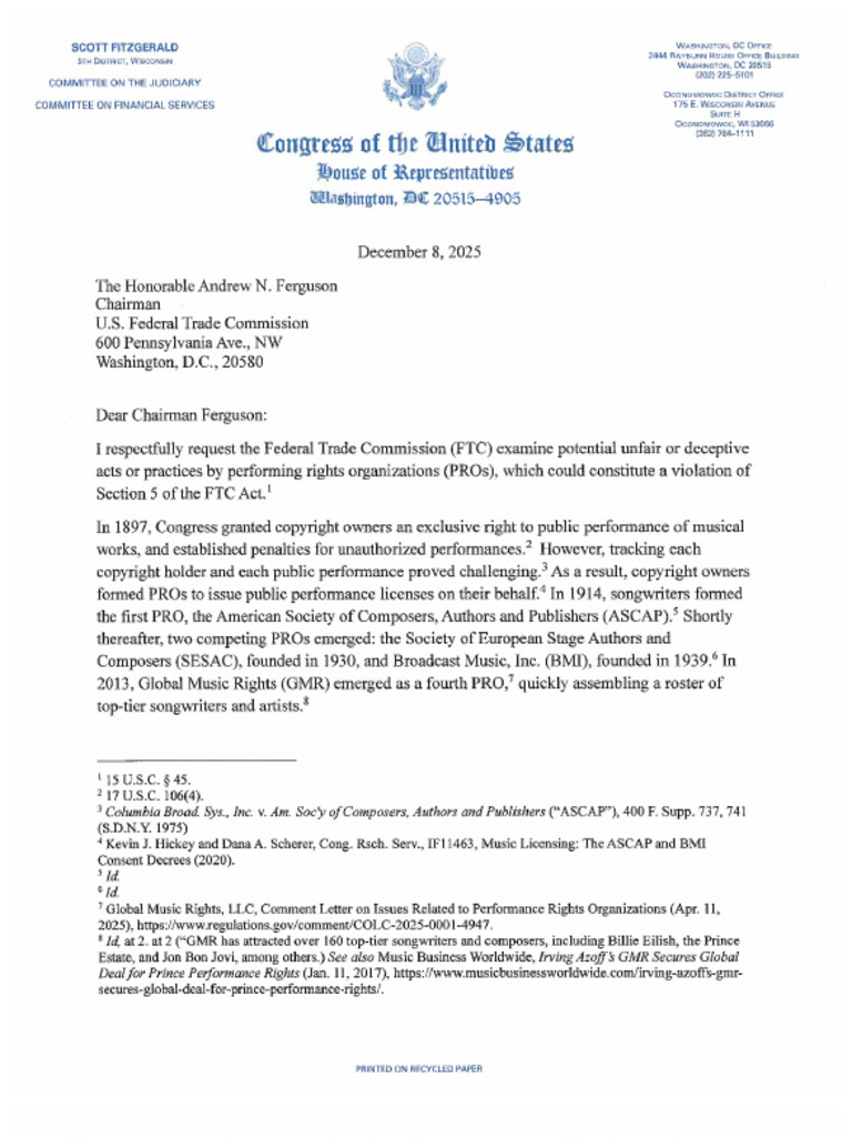 Rep. Fitzgerald Letter To FTC Urging Examination of PROs | PDF