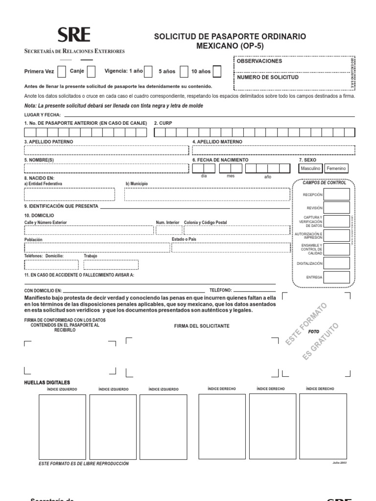 Solicitud OP5 Pasasporte Mexicano | PDF | Pasaporte | Huella dactilar