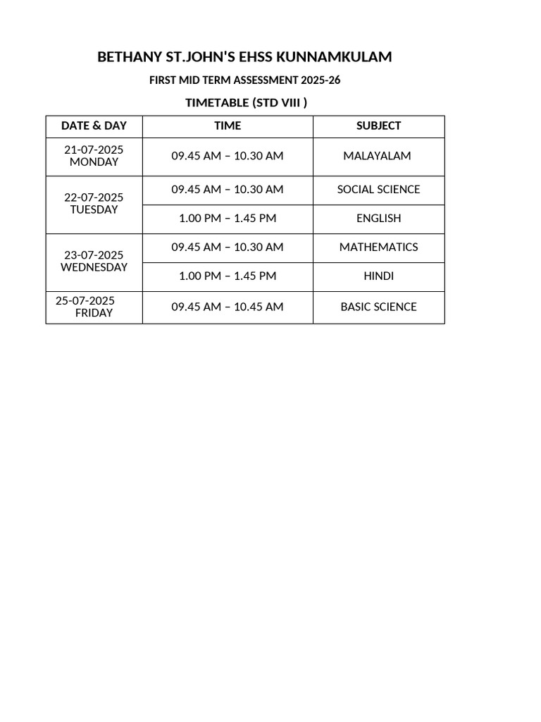 Class Viii - Mid Term Time Table | PDF