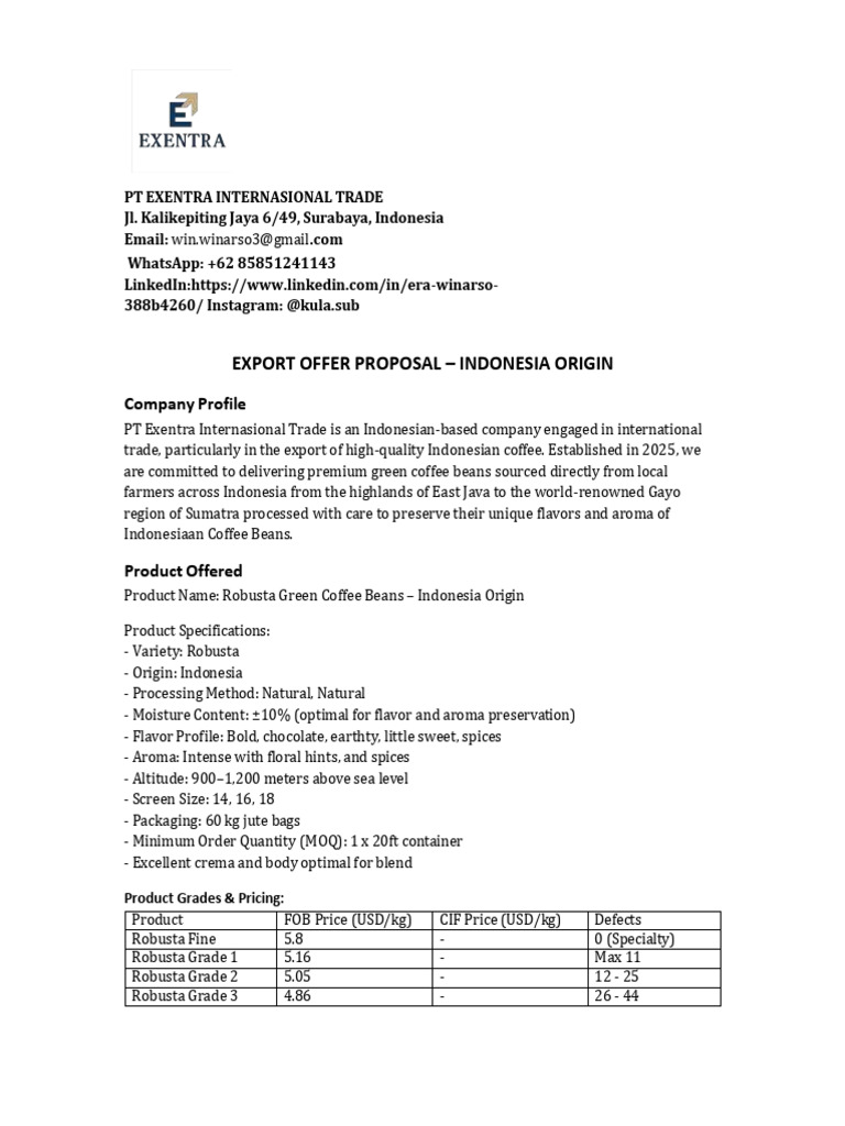 Indonesian Robusta Coffee Export Offer | PDF | Coffee | Drink