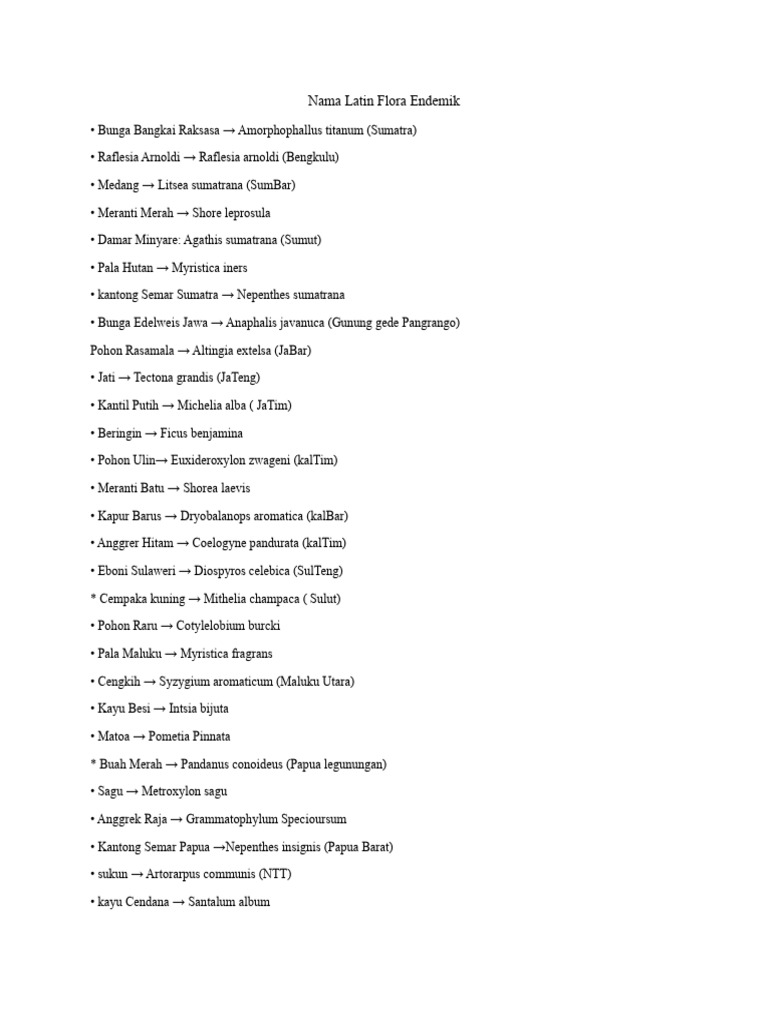 Nama Latin Flora Endemik | PDF