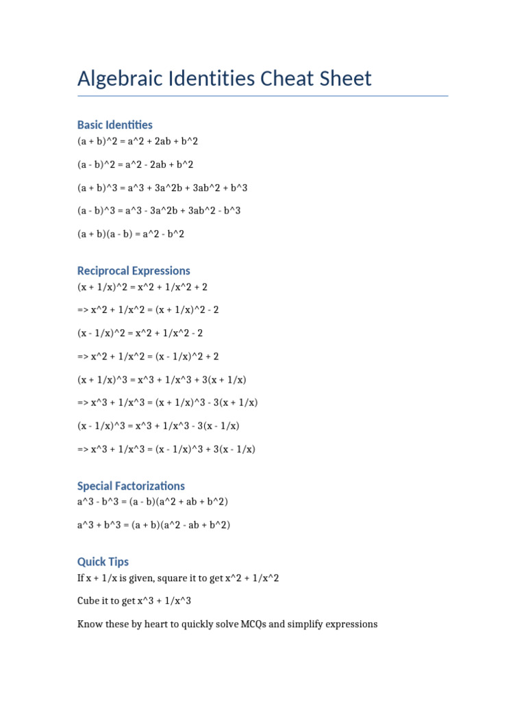 Algebraic Identities Cheat Sheet | PDF