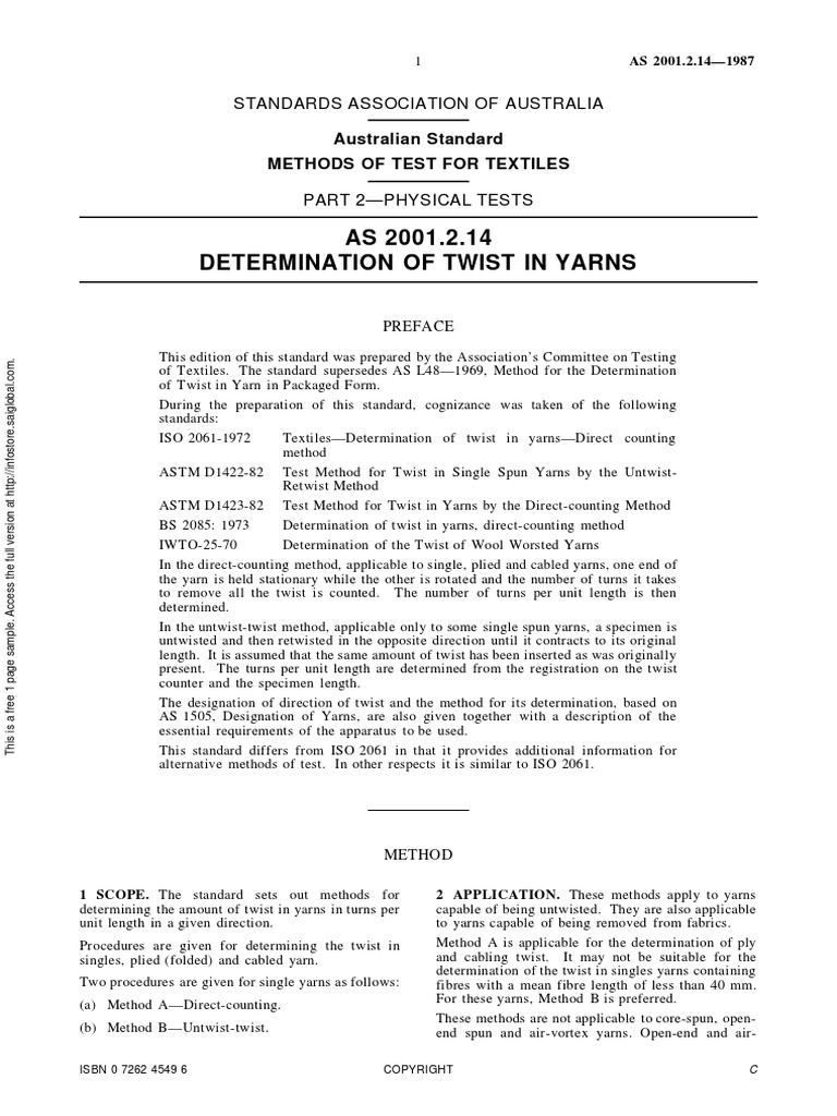 As 2001.2.14-1987 Methods of Test For Textiles Physical Tests ...