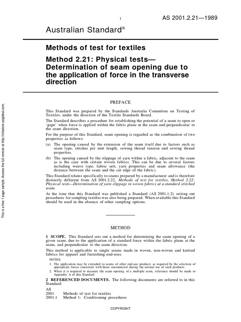 As 2001.2.21-1989 Methods of Test For Textiles Physical Tests ...