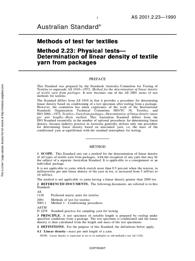 As 2001.2.23-1990 Methods of Test For Textiles Physical Tests ...