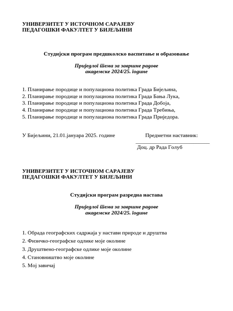 Teme Za Zavrsne Radove 2023-2024 | PDF
