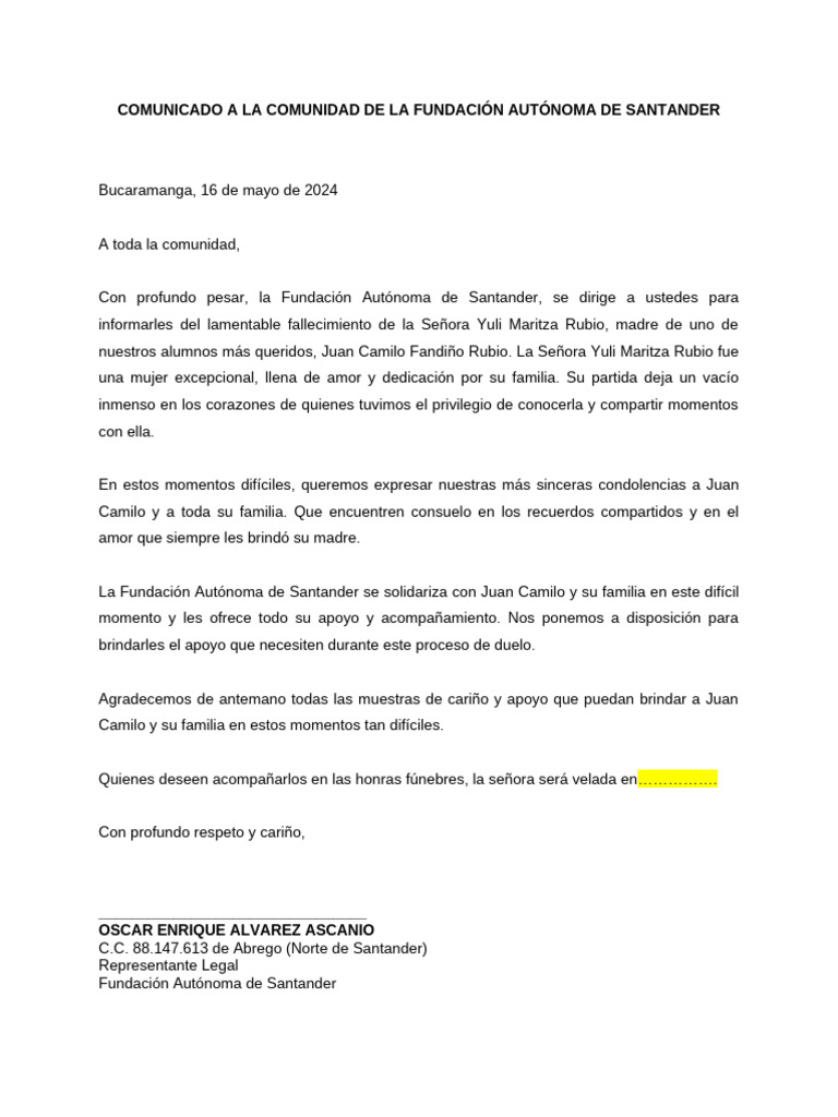 Comunicado de Pesar Por Fallecimiento | PDF