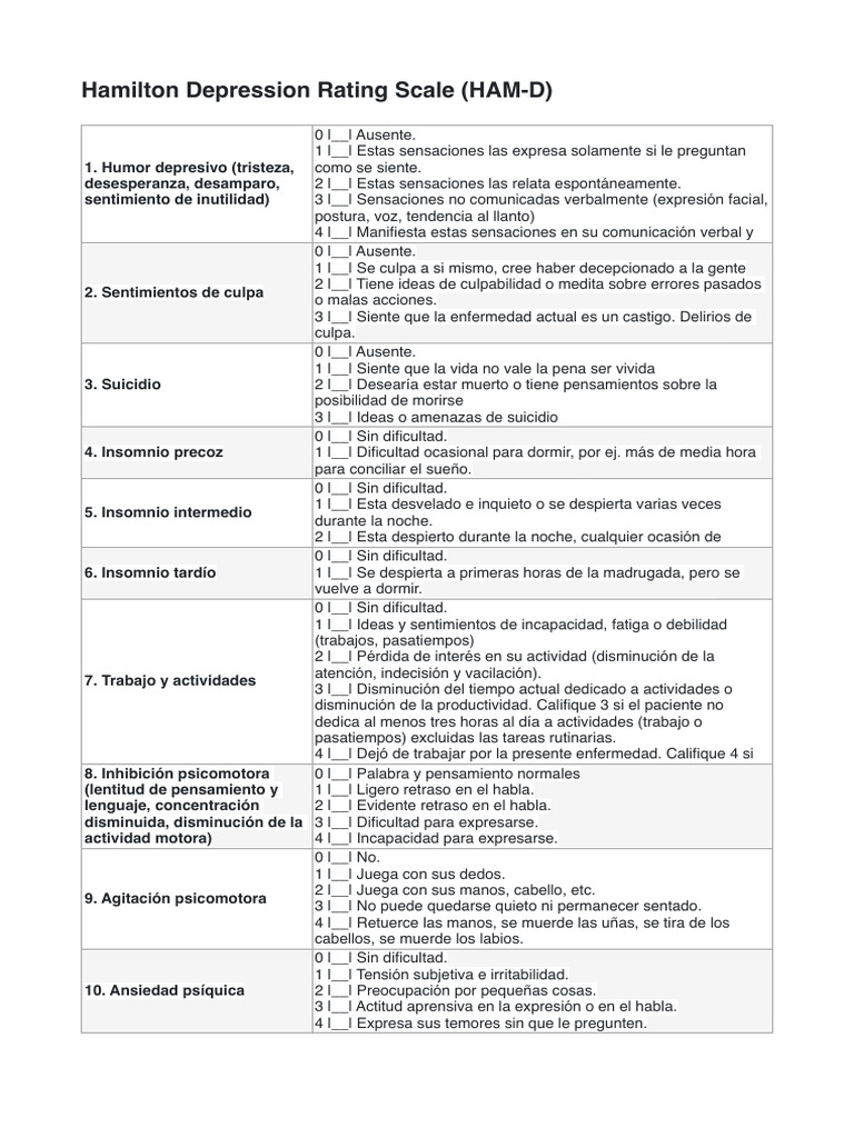 Escala de Depresión de Hamilton | PDF | Depresión (estado de ánimo ...