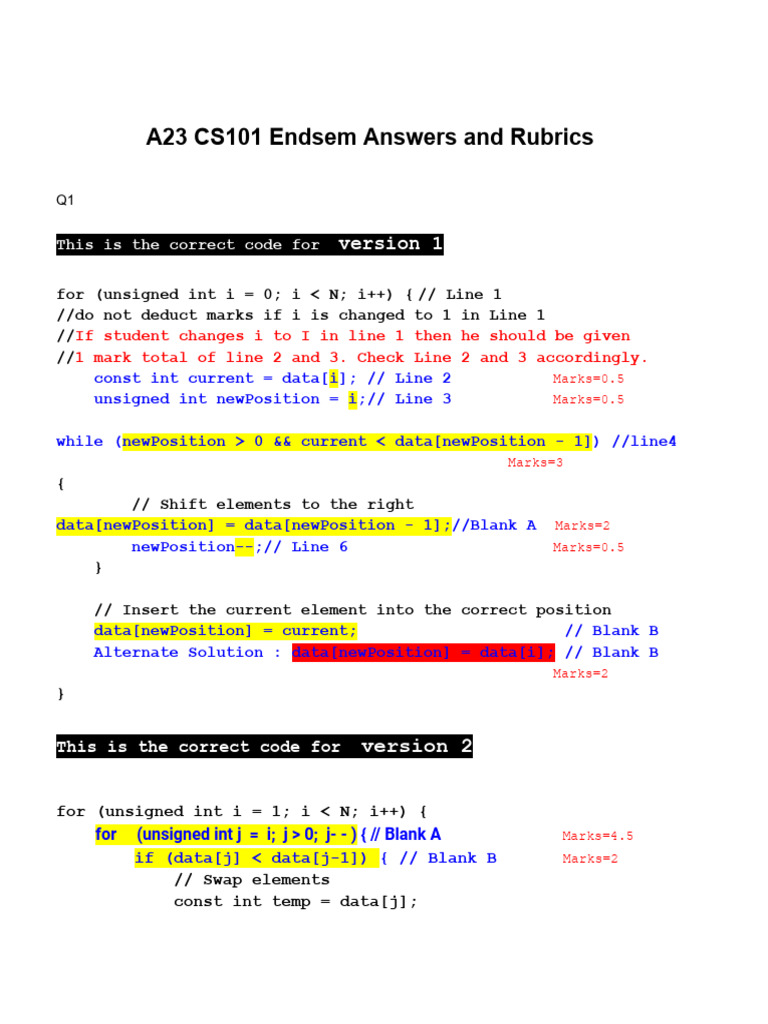 CS101 Endsem 2023 Rubrics | PDF | Computer Programming | C++