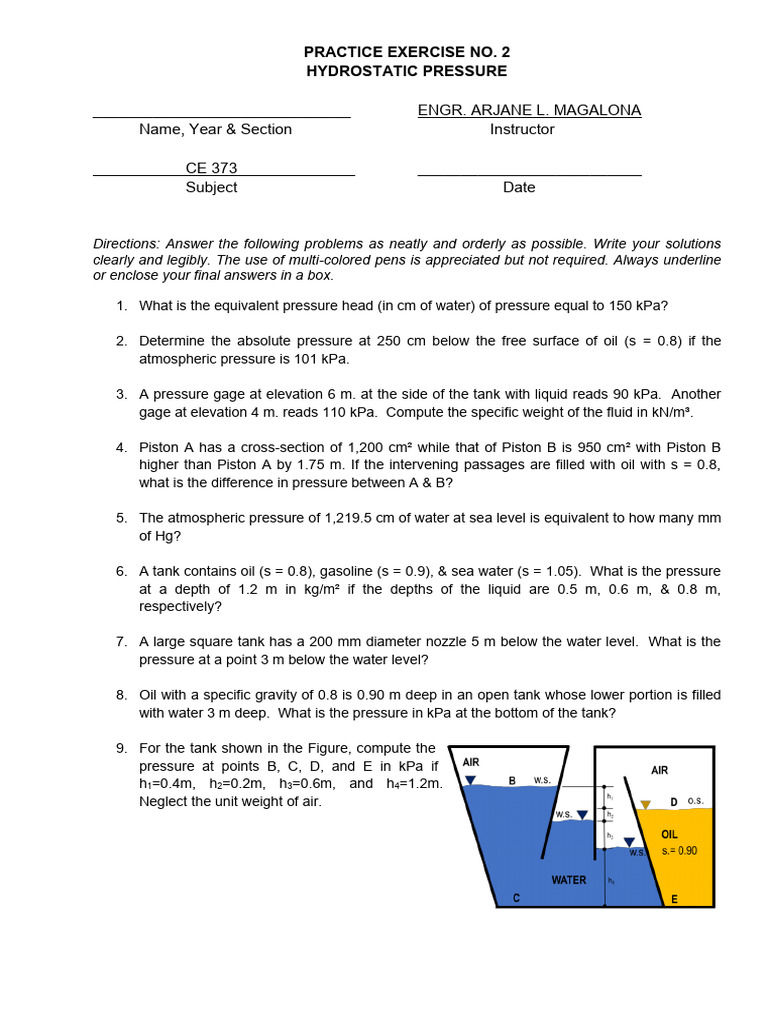 Hydrostatic Pressure Practice Problems | PDF | Pressure | Pressure ...