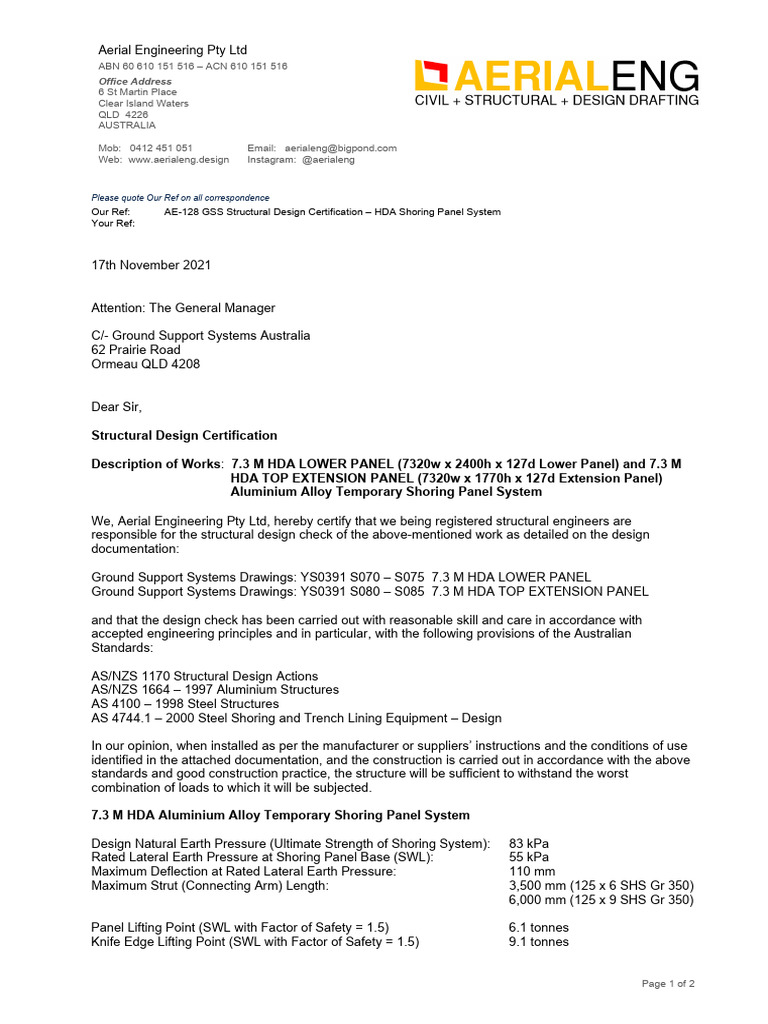 HDA Shoring Panel System Certification | PDF | Civil Engineering