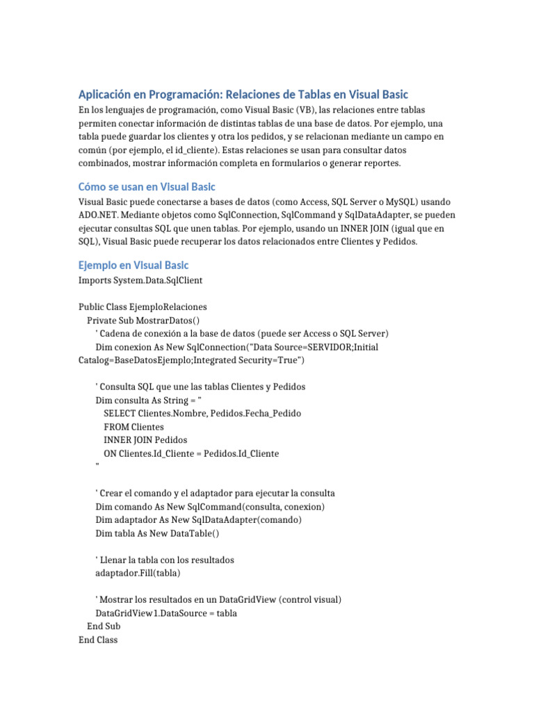 Relaciones de Tablas en Visual Basic | PDF | SQL | Servidor SQL de ...