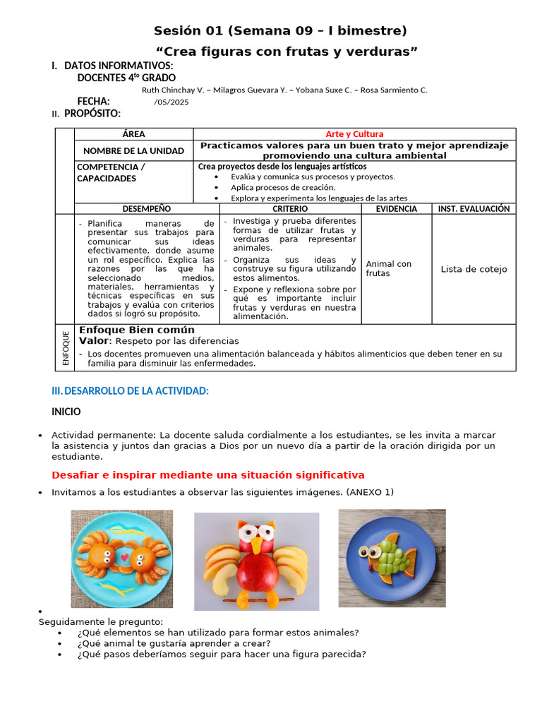 Sesión 01 - Arte - Sem. 09 - Crea Figuras Con Frutas y Verduras | PDF ...
