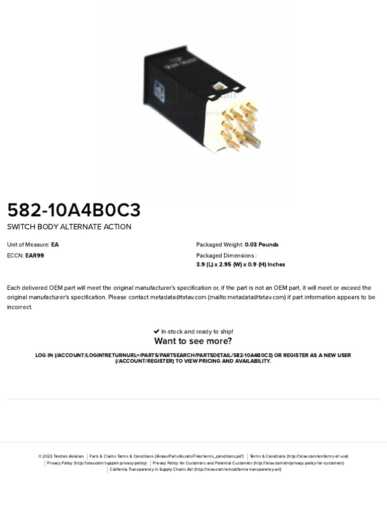 582-10A4B0C3 _ Alternate Action Switch Body _ Textron Aviation | PDF