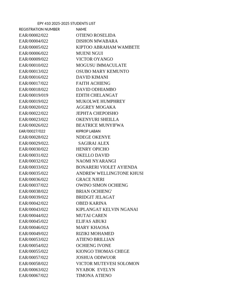 EPY 410 2025-2026 Student List | PDF