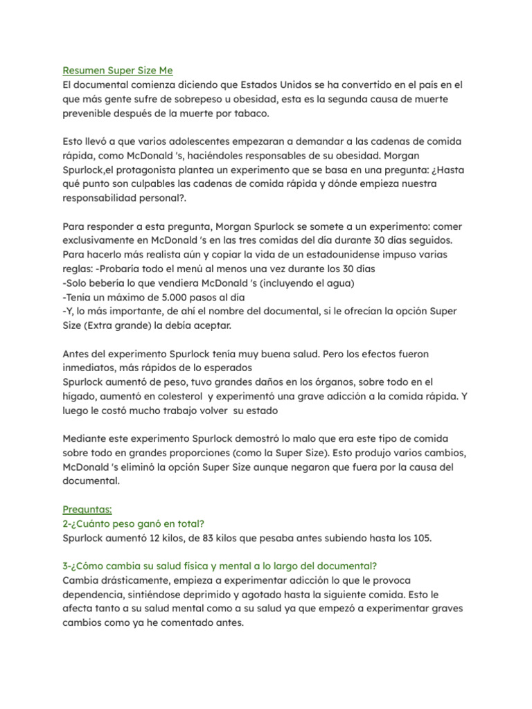 Impacto de "Super Size Me" en la salud | PDF