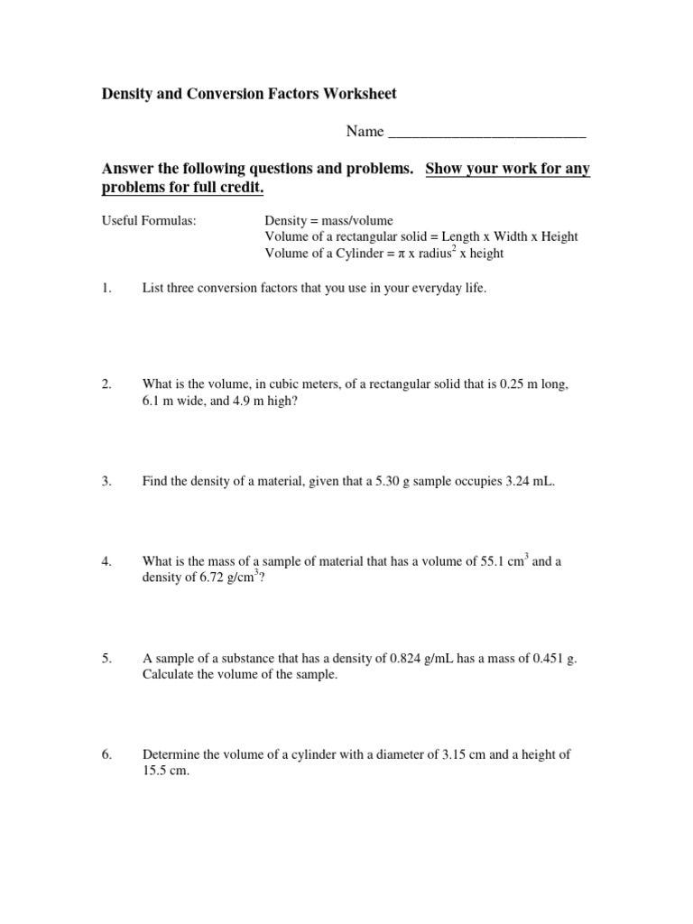 Density and Conversion Factors Worksheet | PDF